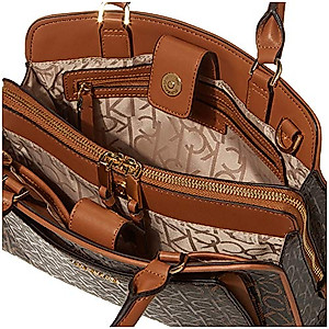 Calvin Klein Margot Textured Logo Satchel, Brown/Khaki/Caramel Embossed