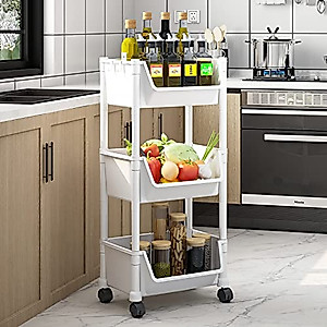 MAGINELS 3-Tier Plastic Rolling Utility Cart, Storage Rolling Cart with Lockable Wheels, Book Cart with 2 Hooks for Kitchen Bathroom Office Balcony Living Room, White