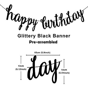 Black Happy Birthday Banner Decoration Kit, Black Glittery Birthday Banner Circle Dots Garland with Black Silver Hanging Swirls for Birthday Baby Shower Party Decorations Supplies, Pre-Strung