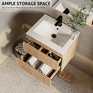 eclife 24" Floating Bathroom Vanity with Sink Combo Mid-Century Wall Mounted Cabinet Set with Wood Stripes, Drawers, Undermount Sink & Faucet, Light Walnut