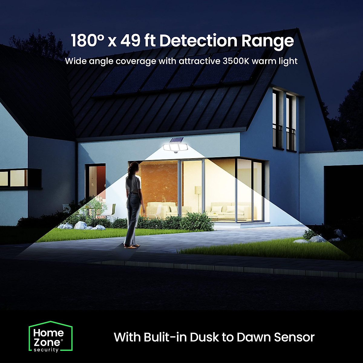 Home Zone Security Solar Flood Lights - Outdoor Motion Sensor LED Flood Light 3500K Warm Color Temperature with No Wiring Required, Black