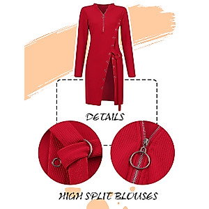 Omoone Women's Sexy Vneck Tshirts Tops Half Zip Long Sleeve Sweater Dress High Split Shirt Blouses Knitted Pullover Top (2868-Red-XL)