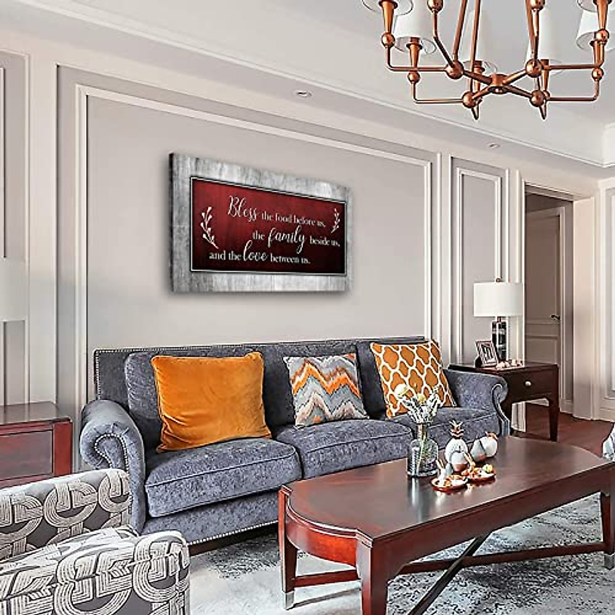 Inspirational Wall Art Painting | Christian Quote Canvas Wall Art Dining Room | Red Wall Decor Living Room | Wooden Framed Canvas | Rustic Home Decor Farmhouse | Bless The Food Before Us,Ready To Hang 24"X 48"