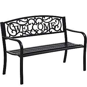 2 Person Outdoor Bench Metal Entryway Bench Garden Patio Bench with Warm Welcome Pattern Backrest and Elegant Flower Finish Porch Bench for Yard Lawn Work Entryway Deck Patio Furniture Bench Black