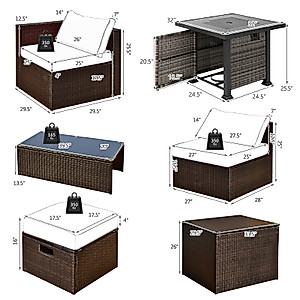 Tangkula 9 Pieces Patio Furniture Set with 50,000 BTU Propane Fire Pit Table, Outdoor Wicker Space-Saving Sectional Sofa Set with Storage Box, 32” Square Gas Fire Pit (Black)