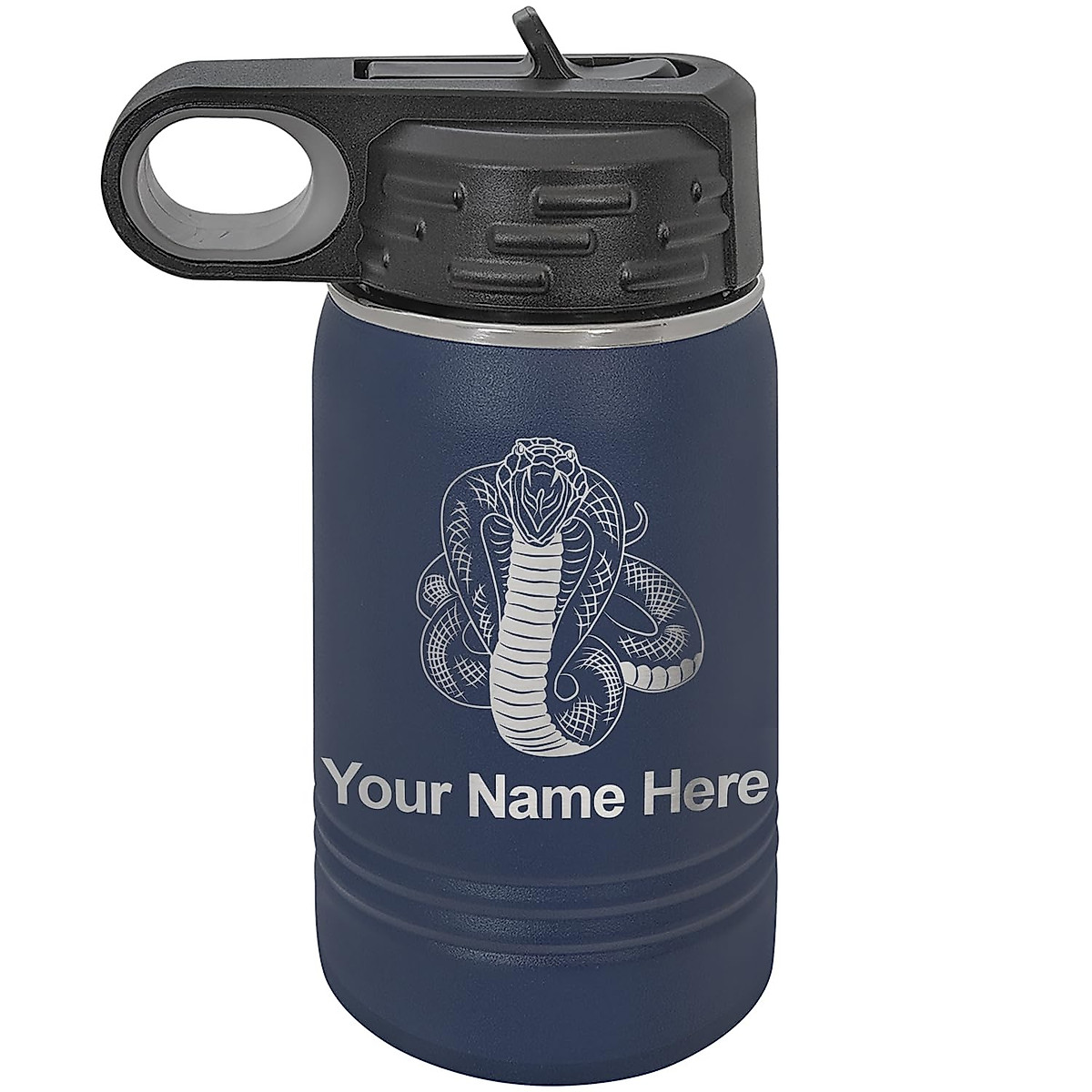 LaserGram Personalized Water Bottle, Cobra Snake, Stainless Steel Double Wall Vacuum Insulated with Flip Top Straw, Custom Engraved Gift (12oz / 335ml Navy Blue)