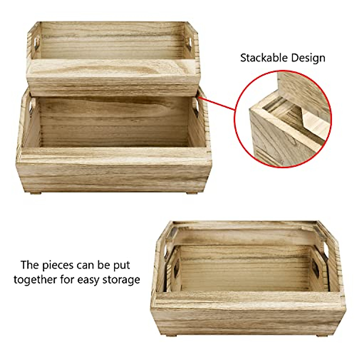 Ikee Design Wooden Stackable Bin Boxes with Handles - Set of 2 - Stylish and Functional Storage Solution for Shelf, Closet, Office, and Cabinet Organization