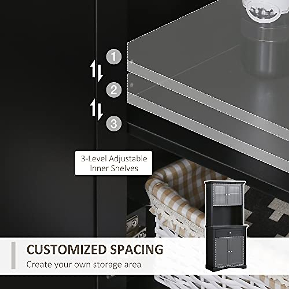 HOMCOM 71" Traditional Freestanding Kitchen Buffet with Hutch, Pantry Cabinet with 4 Doors, 3-Level Adjustable Shelves, and 1 Drawer, Black