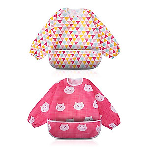 Little Dimsum Full Sleeved Feeding Bib 2 Pack,Baby & Toddler Waterproof Bib Apron,Food Protection Large Pocket Eating Smock 6-36 Months