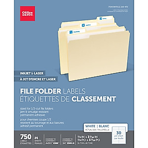 Office Depot White Permanent Inkjet/Laser File Folder Labels, 2/3in. x 3 7/16in., White, Pack of 750, 505-0004-0011