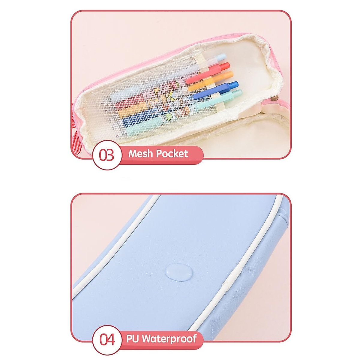 JHTPSLR Large Kawaii Pencil Pouch Cute Preppy Pencil Pouch Bowknot Strawberry Bear Love Hearts Aesthetic Pencil Case PU Waterproof Pen Bags Stationery Storage Organizer Supplies (White Strawberry)