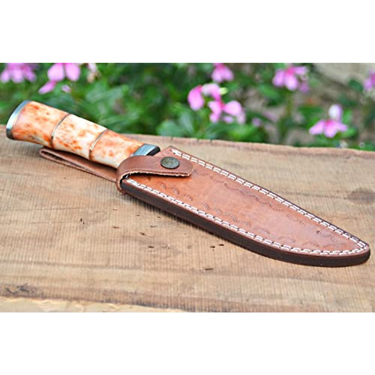 UK UNIQUE SHARP KNIVES BK-3004 Handmade Damascus Steel 12.00 Inches Damascus Steel Hunting Knife - Coloured Camel Bone Brass Spicer Handle With Damascus Gurd/pommel