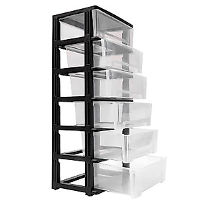 LINISHOP 6-Tier Rolling Storage Cart Rectangle Rolling Storage Cabinet Organizer Books Documents Storage Foldable Drawer Shelves Unit Rack with 4 Wheels for Home Office PP 19.7*13*43in (Black+Clear)