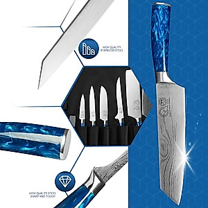 XYJ Authentic Since1986,Professional Knife Sets for Master Chefs,Knife Set with Bag,Case, Scissors,Culinary Kitchen Butcher Knives,Cooking Cutting,Damascus Laser Pattern (Blue)