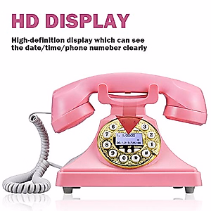 Pink Retro Landline Phone for Home, IRISVO Vintage Phone Old Fashioned Classic Desk Telephone with LCD Screen Display and Redial,Speaker, Push Button Dialing with A Rotary Look (Pink)