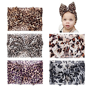 Nishine 5PCS Baby Girls Soft Wide Leopard Hair Turban Head Wraps Kids Stretchy Knotted Bows Headband for Children Hair Accessories Infant Headwraps