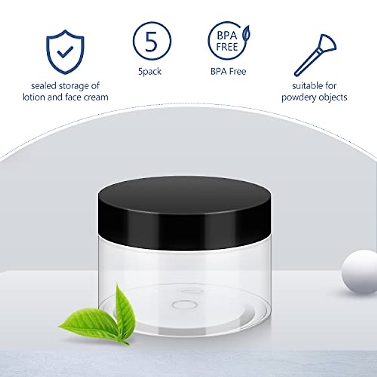 BonyTek Household 4oz Plastic Jars with Lids, 5 Pack BPA Free, Reusable, Refillable Transparent Cosmetic Containers for Bath Salts, Cosmetics, Powders, Beauty Product and Small Accessories