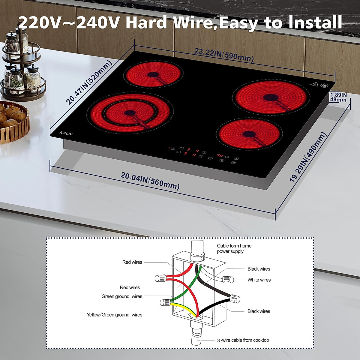 KPUY Electric Cooktop 24 Inch - 4 Burner Electric Cooktop & Electric Ceramic Cooktop, Electric Stove Top Sensor Touch with 9 Heating Level&Timer, 6000W, 220-240V for Hard Wire(No Plug)