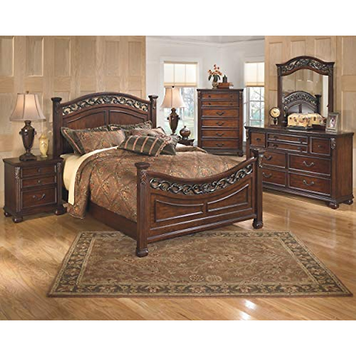 Signature Design by Ashley Leahlyn Traditional Ornate 7 Drawer Dresser, Warm Brown & Leahlyn Traditional 2 Drawer Nightstand, Warm Brown