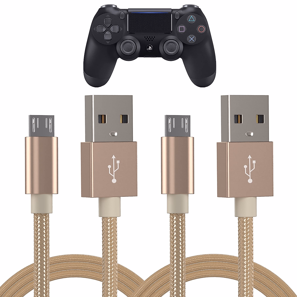TALK WORKS PlayStation 4 Charging Cable - 6' Nylon Braided Micro USB Charger Cord, Heavy Duty Fast Charge for PS4 (Gold, Pack of 2) (14092)
