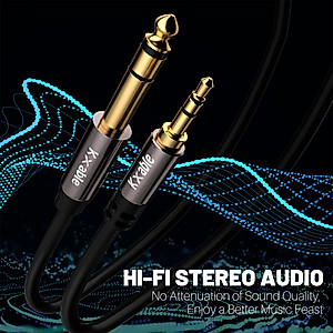 3.5mm to 6.35mm Stereo Audio Cable 15 Feet, 1/4 to 1/8 inch Headphone Cable Jack, Hi-Fi Sound, Gold Plated Connectors, OFC Core, Black Cable (with 5 pcs Cable Ties)