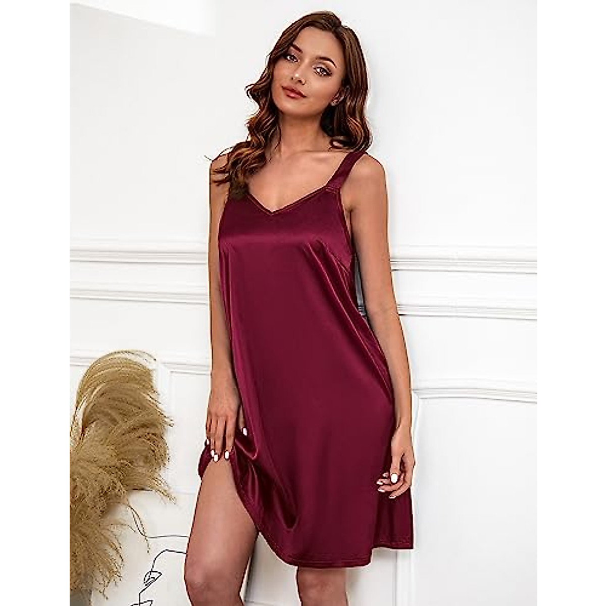 HBZDQB Ladies Full Slip Sleepshirt Satin V Neck Sleepwear Racerback Chemise Sexy babydoll Jersey Lingerie Wine Red XXL