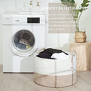 Extra Large 100% Cotton Rope Basket 21.7" x 21.7" x 13.8"-XXXL Woven Blanket Basket with Handles/Clothes Hamper Collapsible/Portable Nursery Storage Bin/Baby Toys Box/Laundry Baskets for Kids