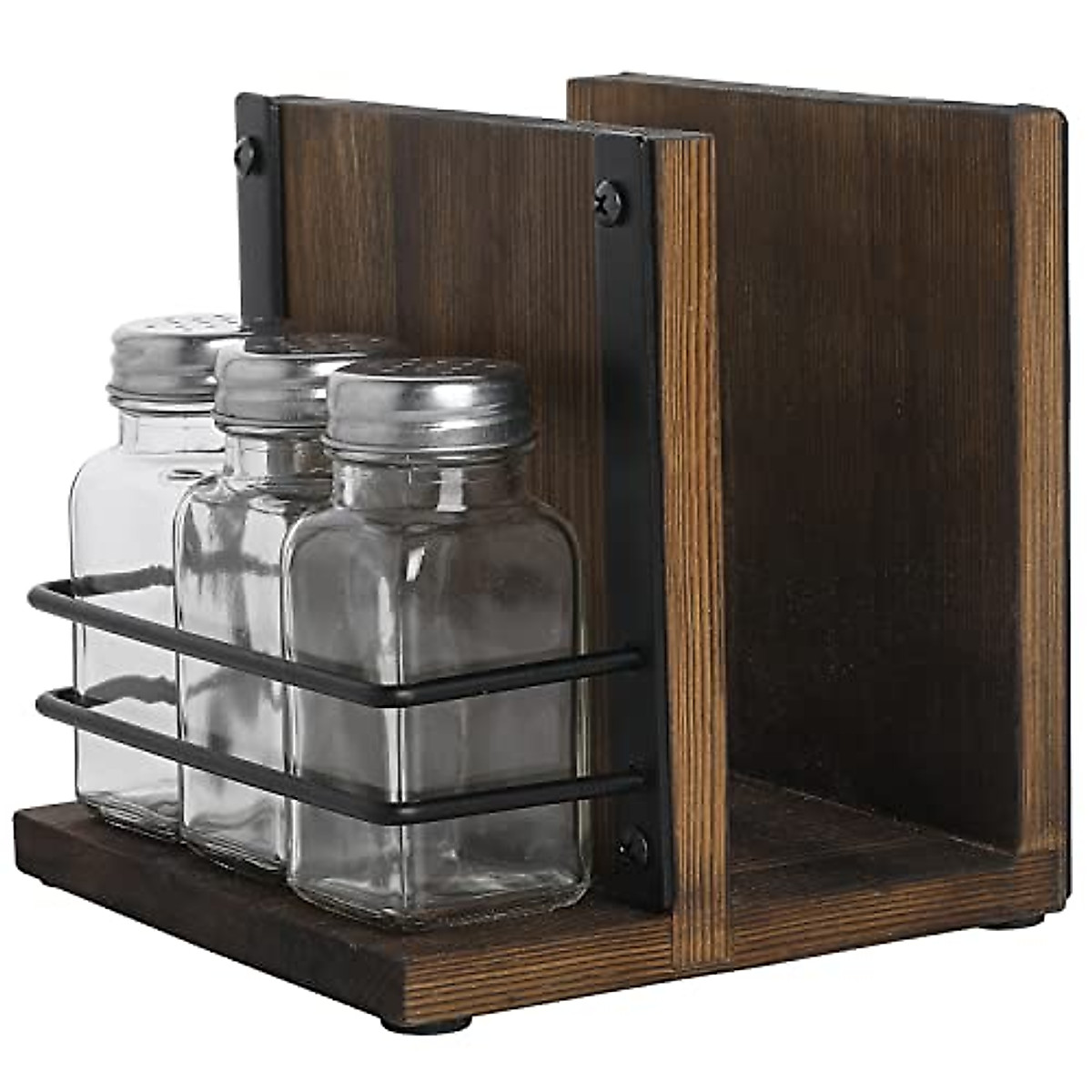 MyGift Rustic Burnt Solid Wood Napkin Holder and Salt & Pepper Caddy, 4 Piece Set Dining Tabletop Napkin Dispenser with Condiment Caddy and 3 Glass Bottle Shakers