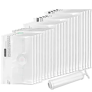 20 Pack Vacuum Storage Bags (4 Jumbo/4 Large/4 Medium/4 Small/4 Roll) - Triple Seal Turbo Valve Design Vacuum Seal Bags,Give Away Complimentary Hand Pump Compression Bags for Travel，Suitable for Clothes, Duvets, Sheets