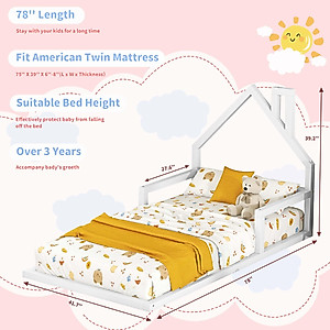 Floor Bed for Kids, Twin Size Montessori Bed with House Shape Headboard and Railings, Wood House Bed with Slats for Boys Girls, Low to Ground Height, No Box Spring Needed, White