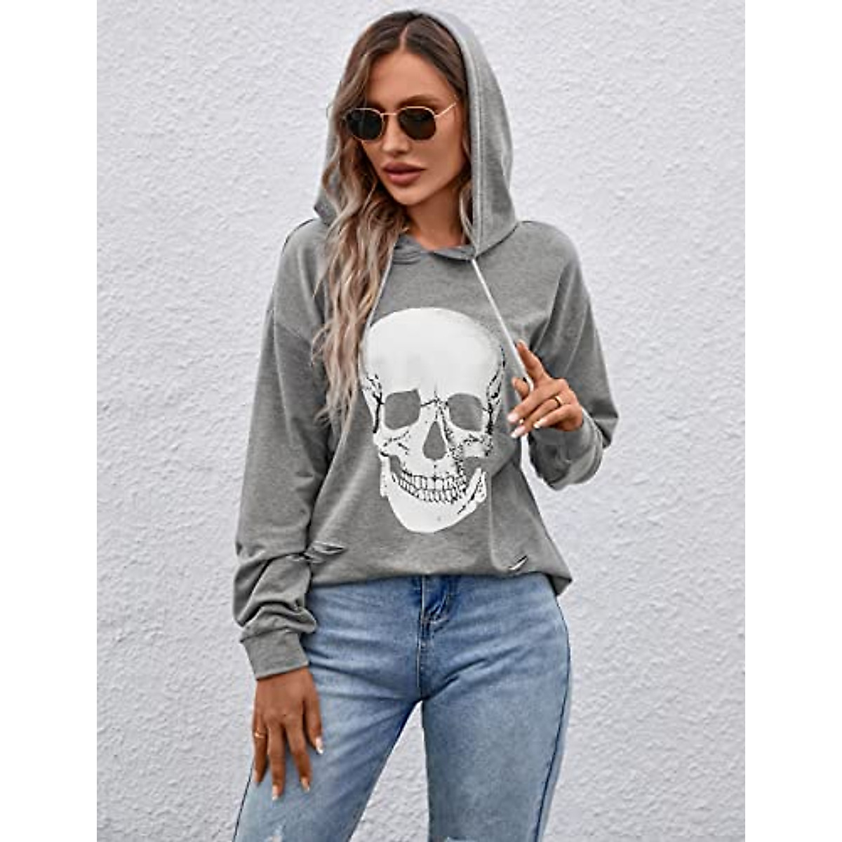 Blooming Jelly Women's Skeleton Hoodie Skull Graphic Hoodies Long Sleeve Top Pullover Oversized Sweatshirt（X-Large,Grey-Hoodie）