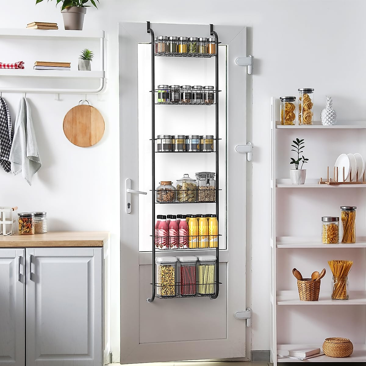 melos White Over The Door Pantry Organizer Rack, 8 Tier Heavy-Duty Metal Back Of Door Shelf Organizer, Over The Door Hanging Spice Rack With 8 Baskets for Closet, Bathroom, Kitchen