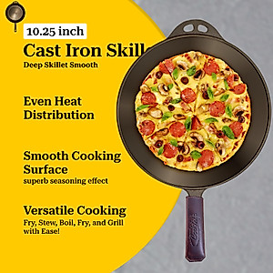 COOKLIFE 10.25 Inch Smooth Pre-Seasoned Round Cast Iron Skillet with Handle Cover, Frying Pan with Long Handle - Use in th Oven, Over a Campfire Fire or on the Stovetop, Induction, Grill, Bronze