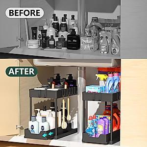 mosala Under Sink Organizers and Storage 2 Pack - 2 Tier Sliding Bathroom Cabinet Organizer with Hooks - Multi-Purpose Under The Sink Organizer Kitchen - Black