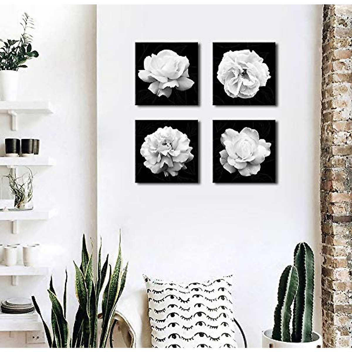 Flowers Wall Art Bathroom Wall Decor Abstract Botanical Picture Contemporary Wall Art Prints Bedroom Living Room Kitchen Office Home Decor Modern Black Flower Canvas Artwork 12" x 12" x 4 Pieces