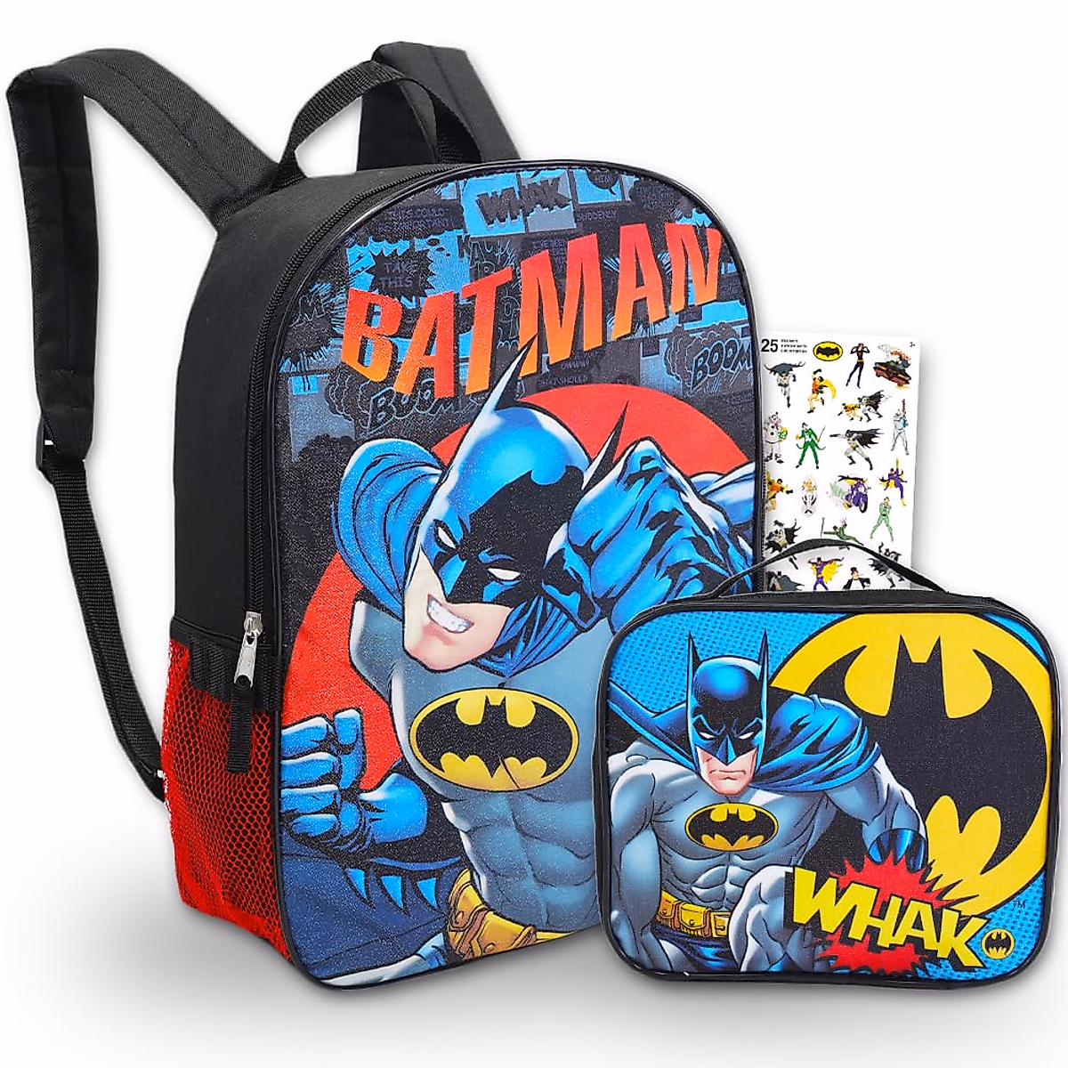 Batman Backpack and Lunch Box Set for Kids ~ Deluxe 16" Batman Backpack with Insulated Lunch Bag and Stickers (Batman School Supplies Bundle)