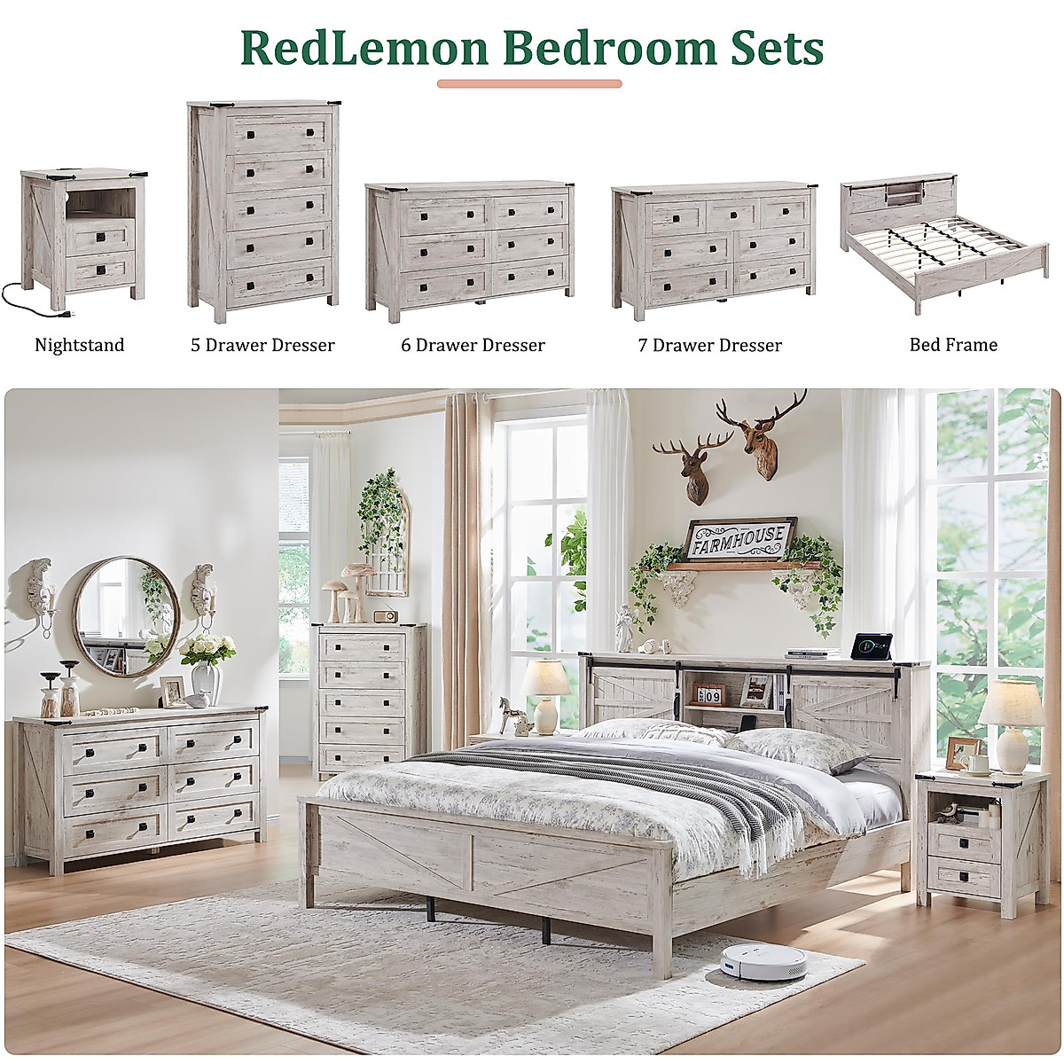 RedLemon Farmhouse Queen Size Bed Frame with Bookcase Headboard, Sliding Barn Door, Storage Cabinet, Charging Station, Wood Slats Support, No Box Spring Needed, Antique Brush White