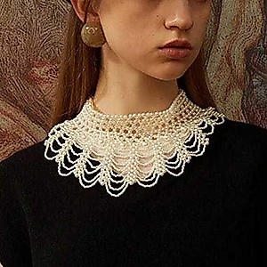 Shinywear Women Pearl Beads Necklace Decorative Gown Dress False Collar Luxury Crown Choker Dicky Neckwear Cream White