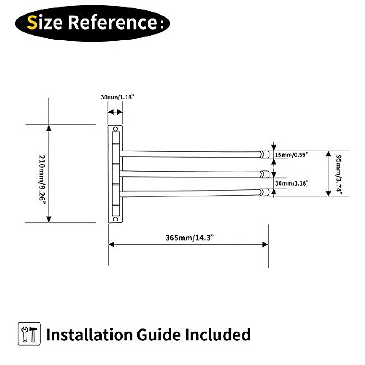 GERZWY Bath Towel Holder Swing Out Towel Bar SUS 304 Stainless Steel Bathroom Hand Towel Rack 3-Bar Folding Arm Swivel Hanger Wall Mount Matte Black HYG03-BK