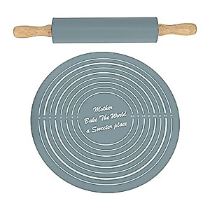 Non Stick Rolling Pin and Silicone Baking Mat, Round Non Stick Pastry Mat, Non stick Silicone Dough Rollers Set with Measurements Kneading Pastry Mat,Rolling Pin Pastry Baking Mat,Baking Tool(Grey)