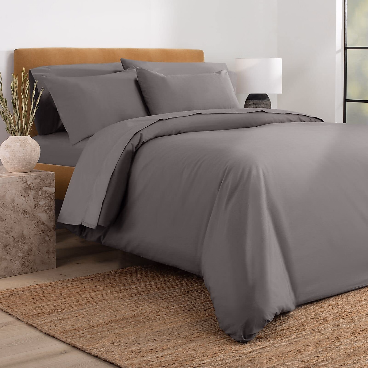 Nate Home by Nate Berkus 200TC 3-Piece Cotton Percale Duvet Cover | Crisp, Cool, Breathable Bedding Set from mDesign - King Size - 1 Duvet Cover/2 Pillow Shams, Charcoal (Dark Gray)