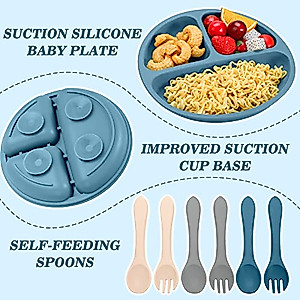 18 Pcs Silicone Baby Feeding Set Infant Dinnerware Adjustable Silicone Toddler Bibs Baby Plates and Bowls Set Suction Bowls Divided Plates Spoons Fork Cups Utensils(Beige, Dark Blue, Gray)