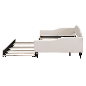 Upholstered Full Daybed with Twin Size Trundle, Full Size Daybed Frame with Button Tufted and Wingback Design, Wooden Full Sofa Bed for Livingroom Bedroom, No Box Spring Needed,Beige