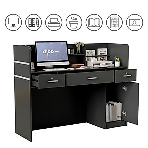 AGOTENI Reception Desk Reception Stations with Open Shelf & Drawers, Wooden Counter Desk with Lockable Drawer for Office Reception Room (Black)