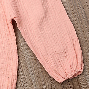 Mubineo Toddler Baby Girl Summer Fall Basic Plain Short Sleeve Cotton Linen Drawstring Romper Jumpsuit (Peach Pink, 2-3T)