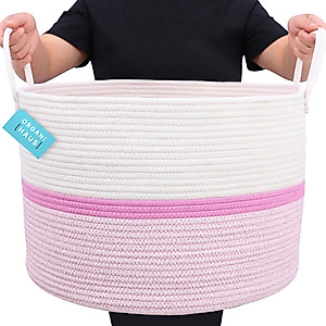 OrganiHaus Baby Laundry Basket 20x13, Large Cotton Rope Basket, Large Blanket Basket Living Room, Large Woven Basket, Extra Large Basket for Blankets Living Room, Pink Woven Laundry Basket