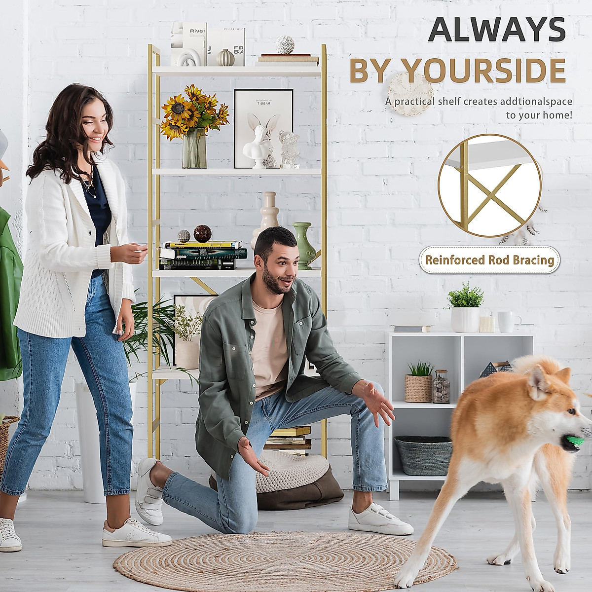 Vongrasig 5 Tier Bookshelf, Modern Tall Bookcase, Industrial Book Shelves Display Standing Shelf, Free Standing Storage Organizer for Bedroom, Living Room, White+Gold