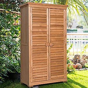 GRAFFY Outdoor Wooden Storage Shed, Garden Tools Cabinet with Shutter Design, Wooden Storage Cabinet with Tilted Asphalt Roof, for Garden, Yard, Patio