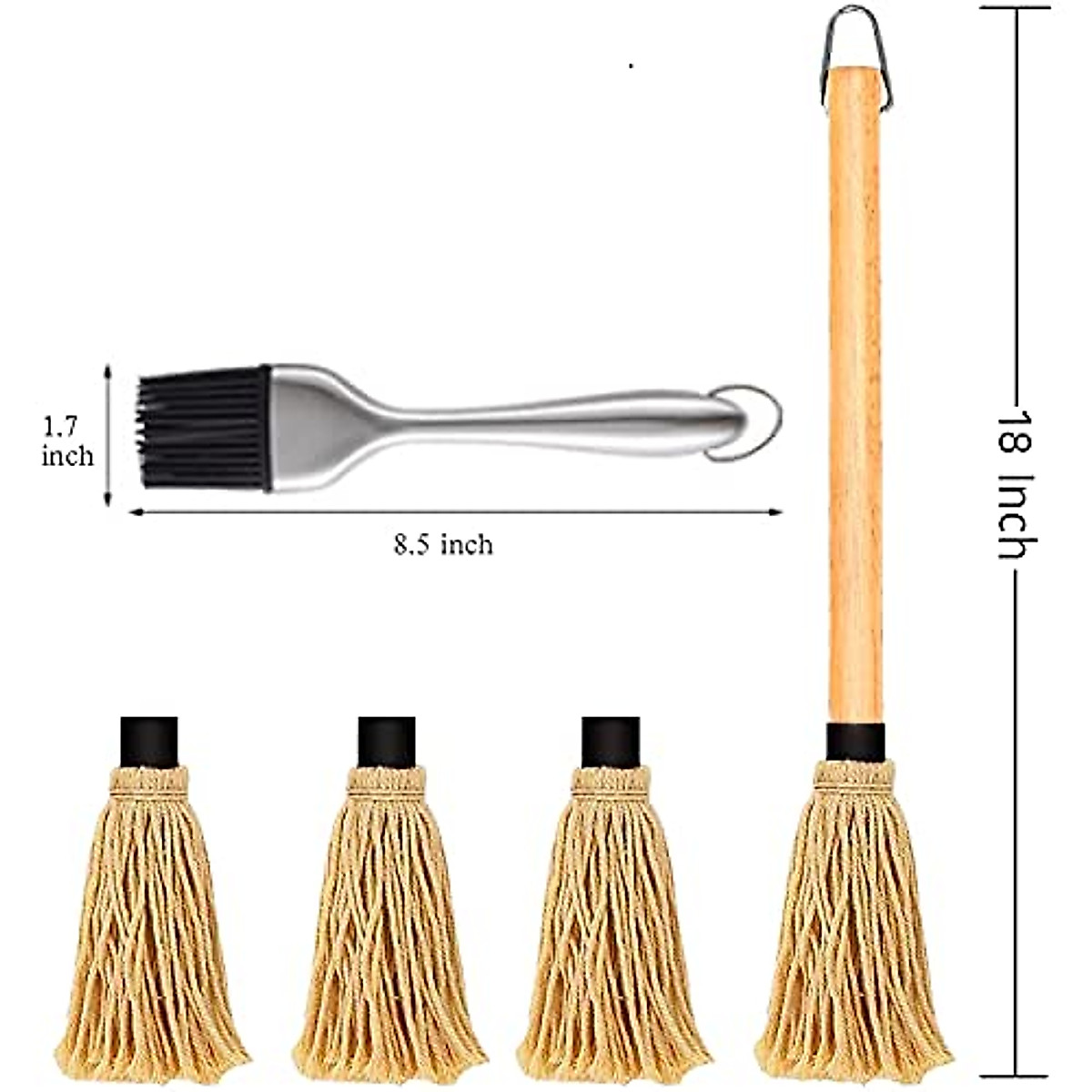 Censmart BBQ Mop Set - Wood 18 Inch Basting Mop and 3 Extra Replacement Head, 304-Stainless Steel BBQ Grill Basting Brush with 100% Natural,Apply Barbecue Sauce, Marinade or Glazing,Dish Mop Style