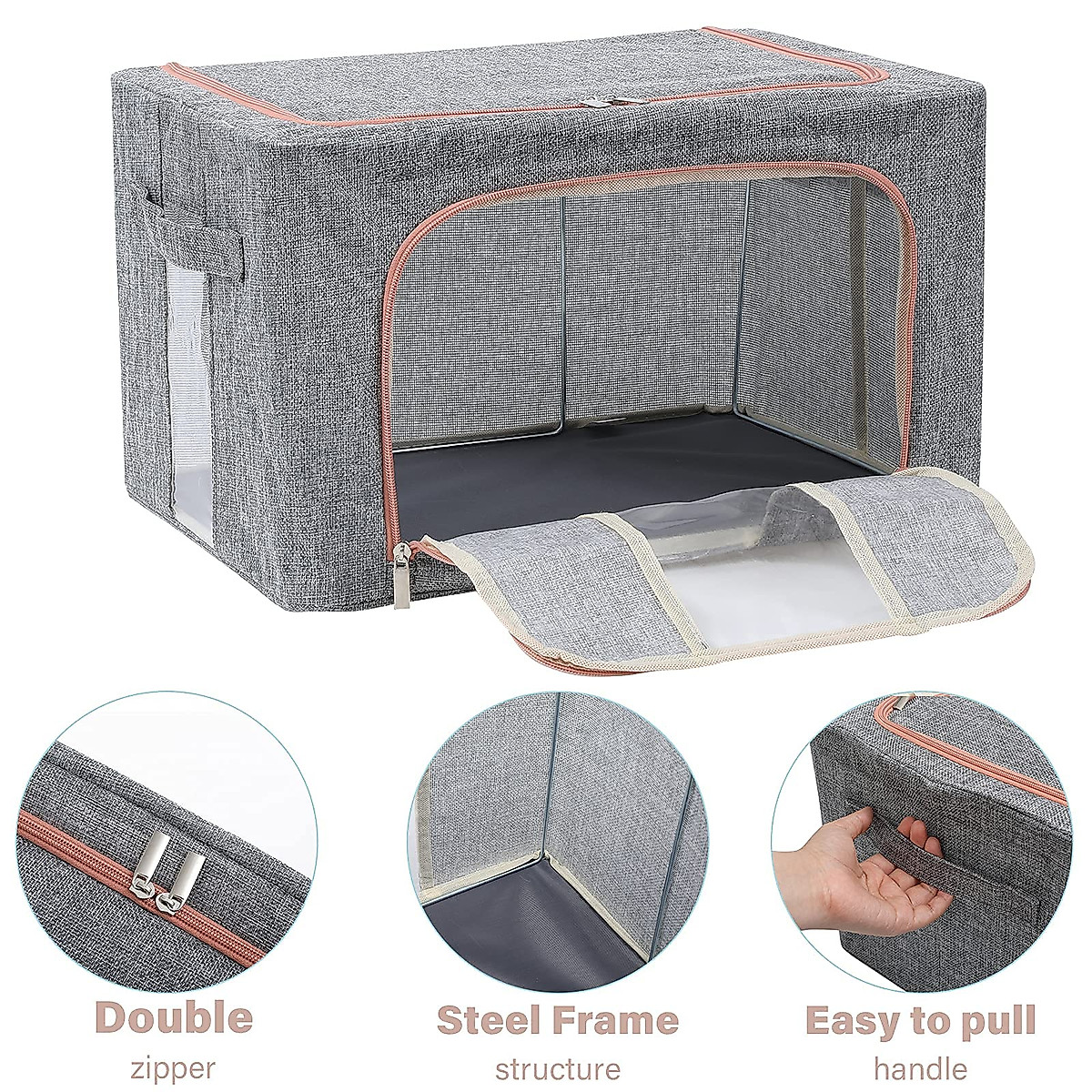 XULAN 34L Large Foldable Clothes Storage Bins, Stackable Container Organizer with Clear Window | Carry Handles for Blankets, Comforter, Closets, Bedrooms and More, Set of 2 (Grey)